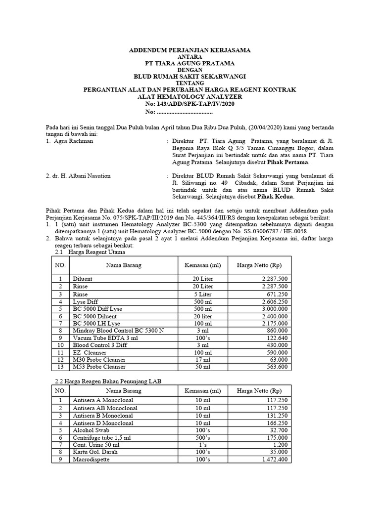 143 Addendum SPK No. 075-2019 Hematology Sekarwangi | PDF