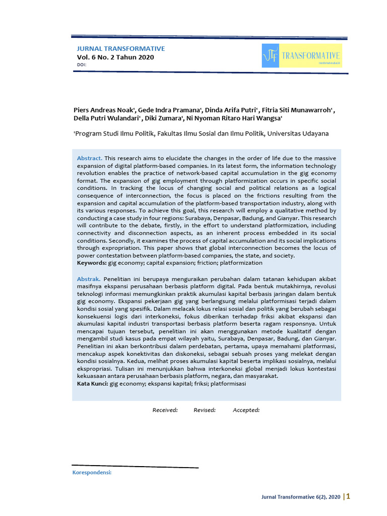 Artikel Jurnal Transformative Ekonomi Politik Platformisasi Dan Datafikasi Dalam Gig Economy ...