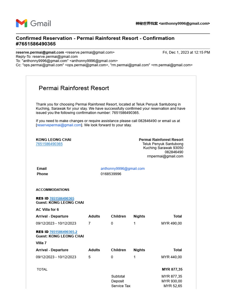 Gmail - Confirmed Reservation - Permai Rainforest Resort - Confirmation ...