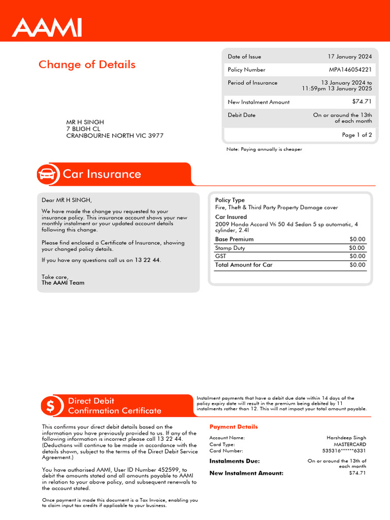 AAMI Car Policy Account MPA146054221 | PDF