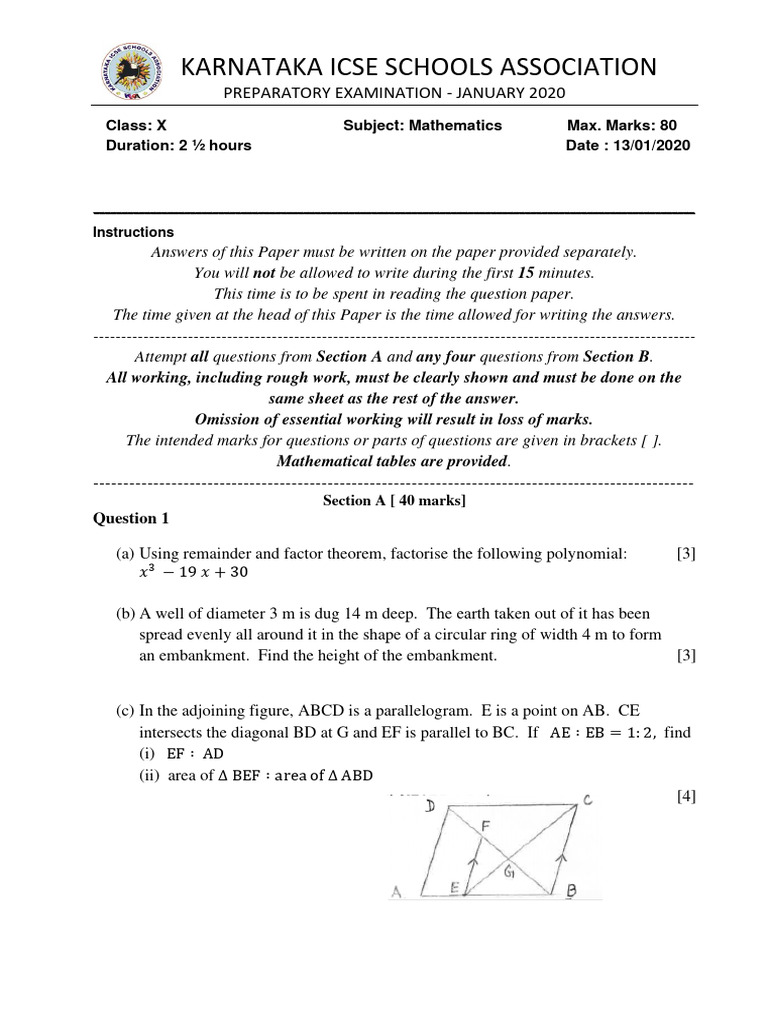 Class 10 Maths Preparatory Exam Paper | PDF | Mathematics