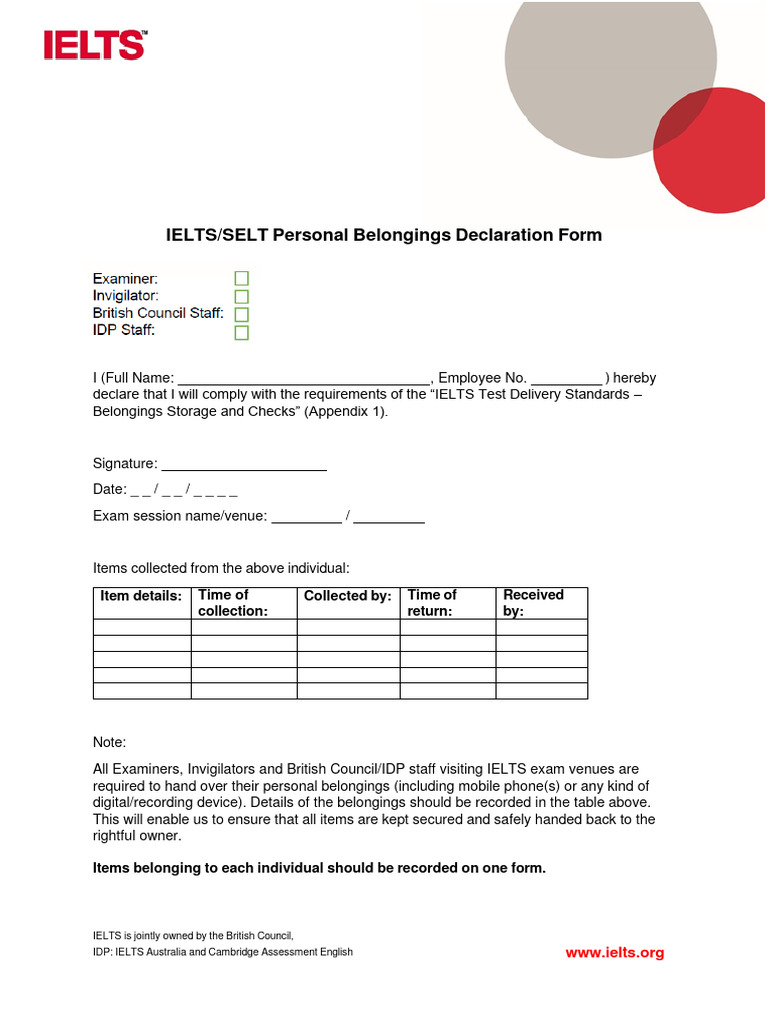 Updated Personal Belongings Declaration Form - CAE Amends | Download ...