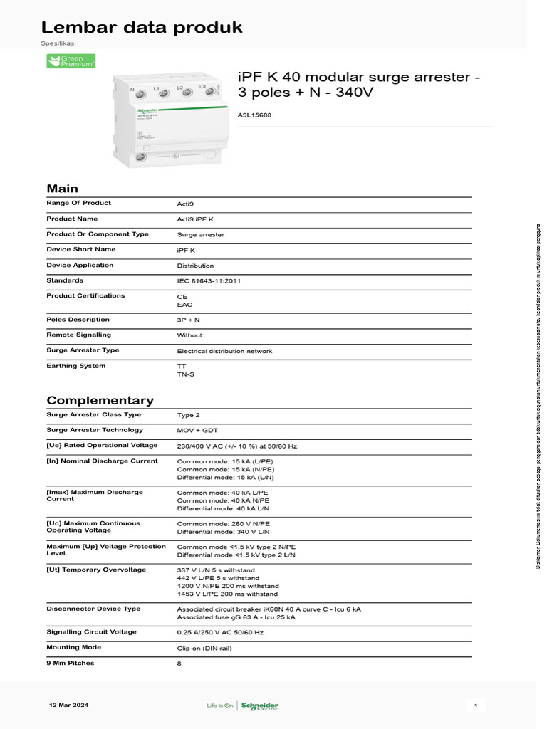 Acti9 iPF K Surge Arrester A9L15688 | PDF | Electricity | Physical Quantities