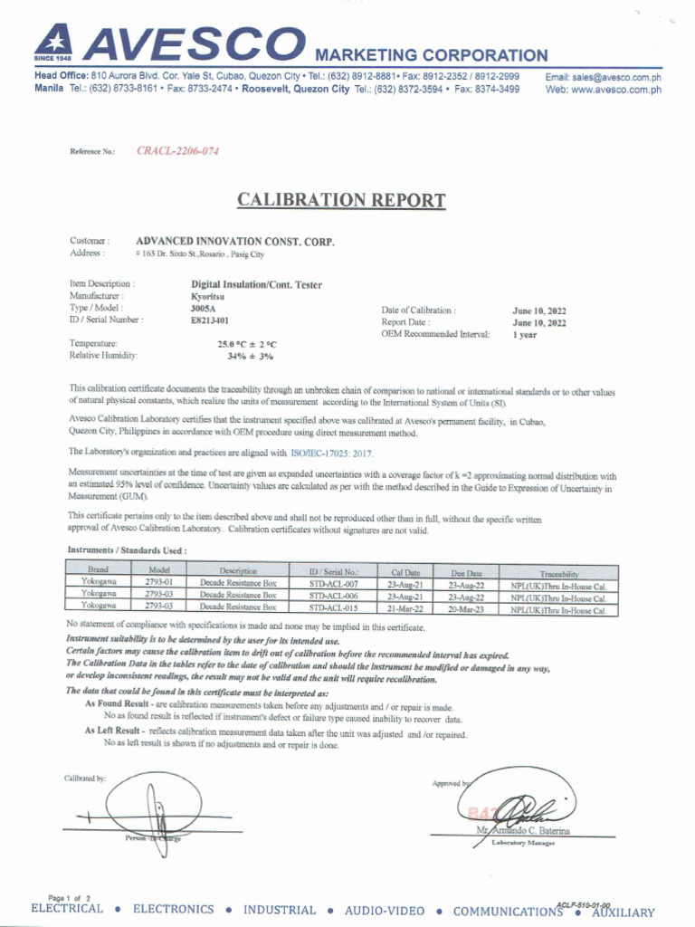 B11 CALIBRATION REPORT (INSULATION TESTER) | PDF