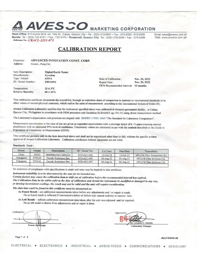 B11 Calibration Report (Earth Tester) | PDF