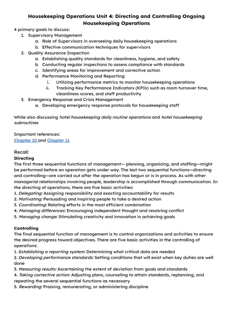 Housekeeping Operations Management Guide | PDF | Performance Appraisal ...