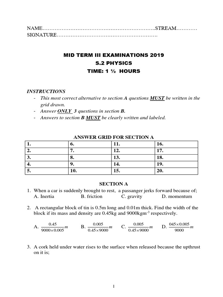 s2 Physics Mid Term 3 2019 Exam | PDF | Pressure | Gases