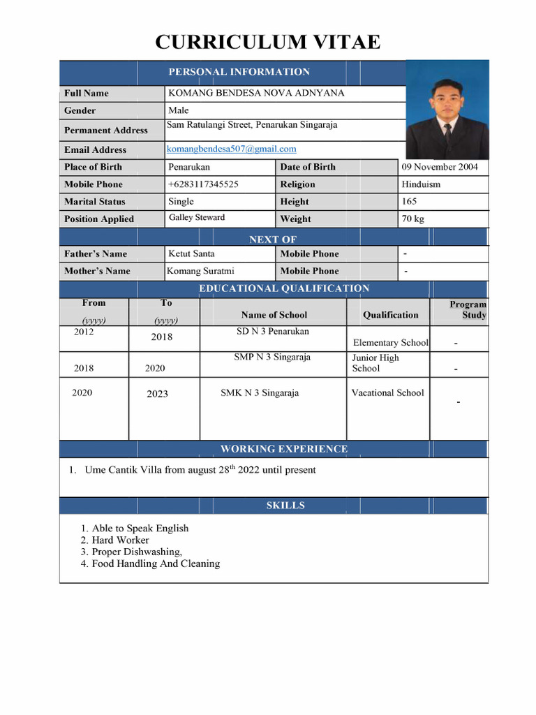 Komang Bendesa CV (Galley Steward) - 20240302 - 0001 | PDF