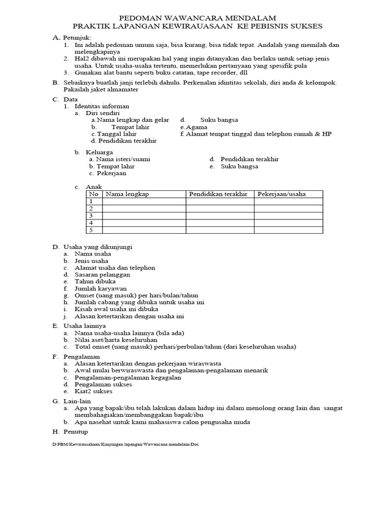 Pedoman Wawancara Mendalam KWH | PDF