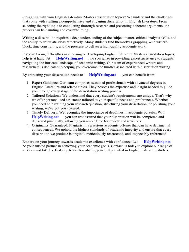 English Literature Masters Dissertation Topics | PDF | Thesis | Doctor Of Philosophy