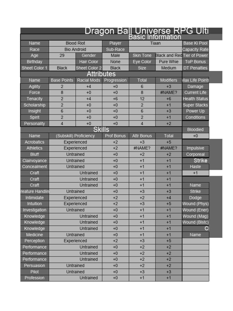Dragon Ball Universe RPG Character Sheet | PDF | Role Playing Games ...