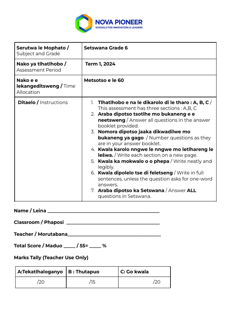 Setswana - T1 - Grade 6 MID-TERM ASSESSMENT | PDF