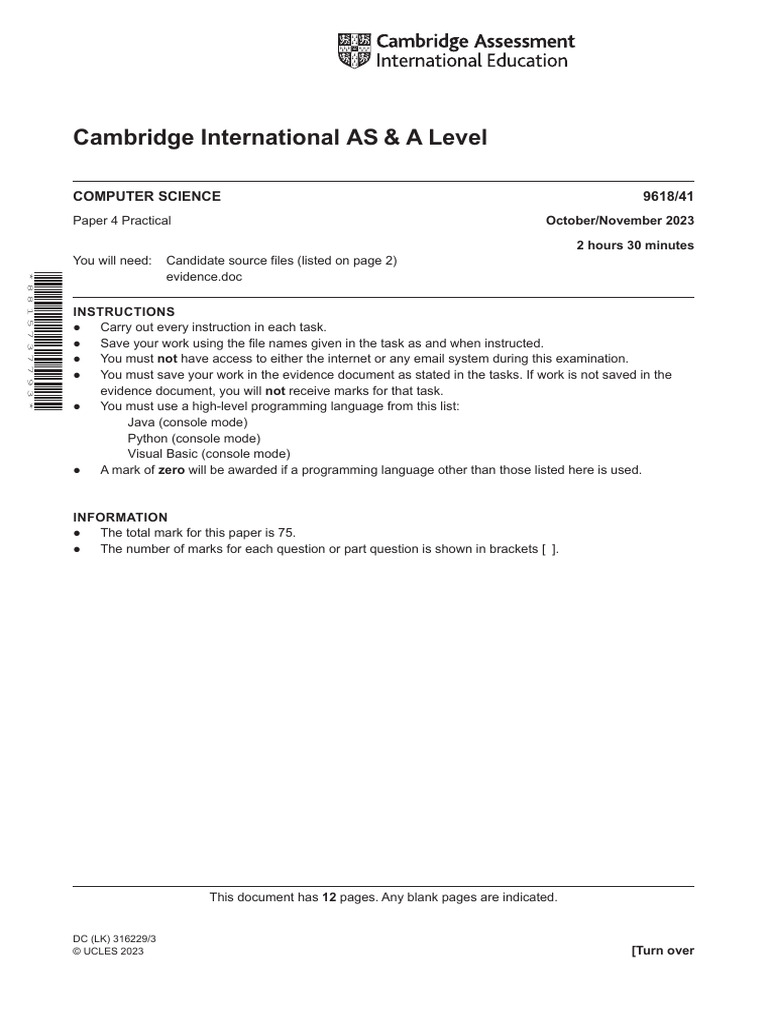 Cambridge International AS & A Level: Computer Science 9618/41 | PDF | Queue (Abstract Data Type ...
