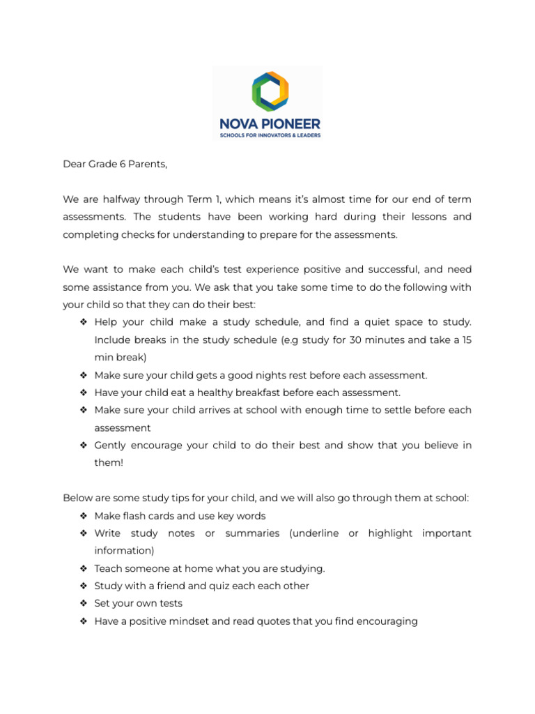 Grade 6 End of Term 1 Assessment Preparation Letter | Download Free PDF ...