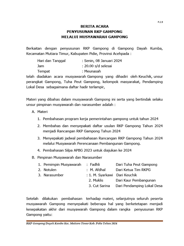 Berita Acara Penyusunan RKP 2024 | PDF