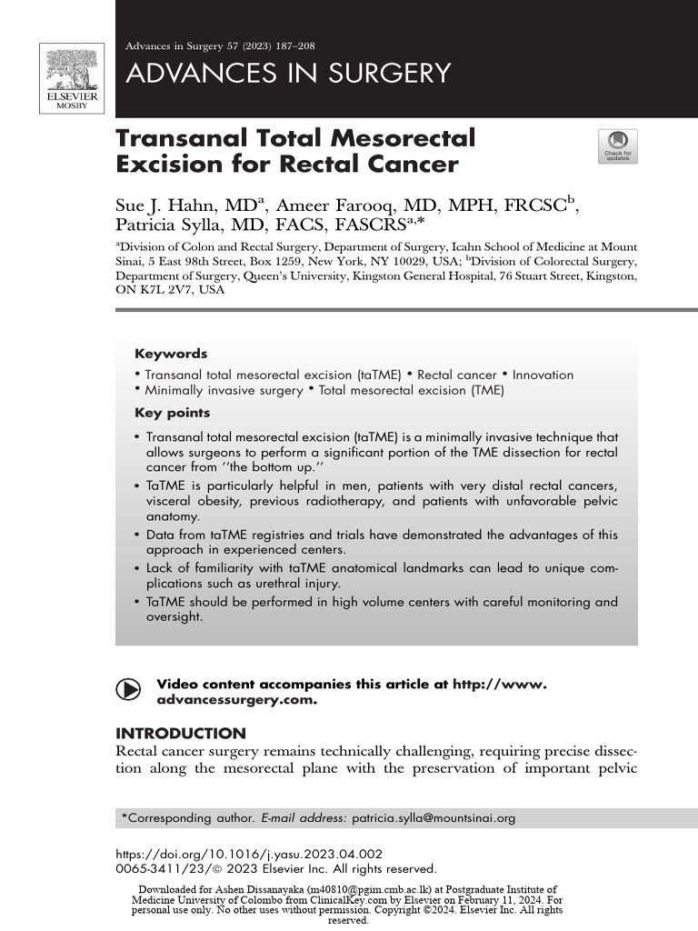 Transanal Total Mesorectal Excision For Rectal Cancer | PDF