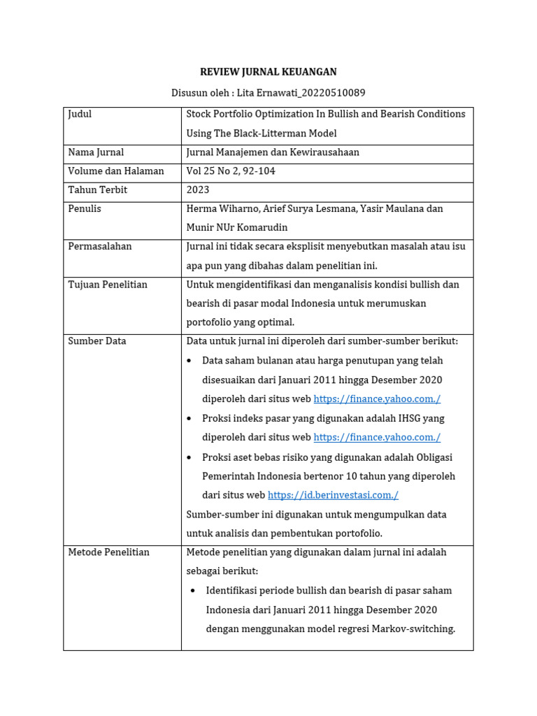 Review Jurnal Stock Portfolio Optimization In Bullish And Bearish Conditions Using The Black