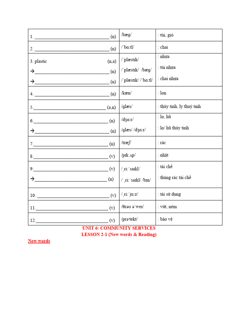 New words - Unit 6 - Lesson 2.1 - Grade 6 | PDF