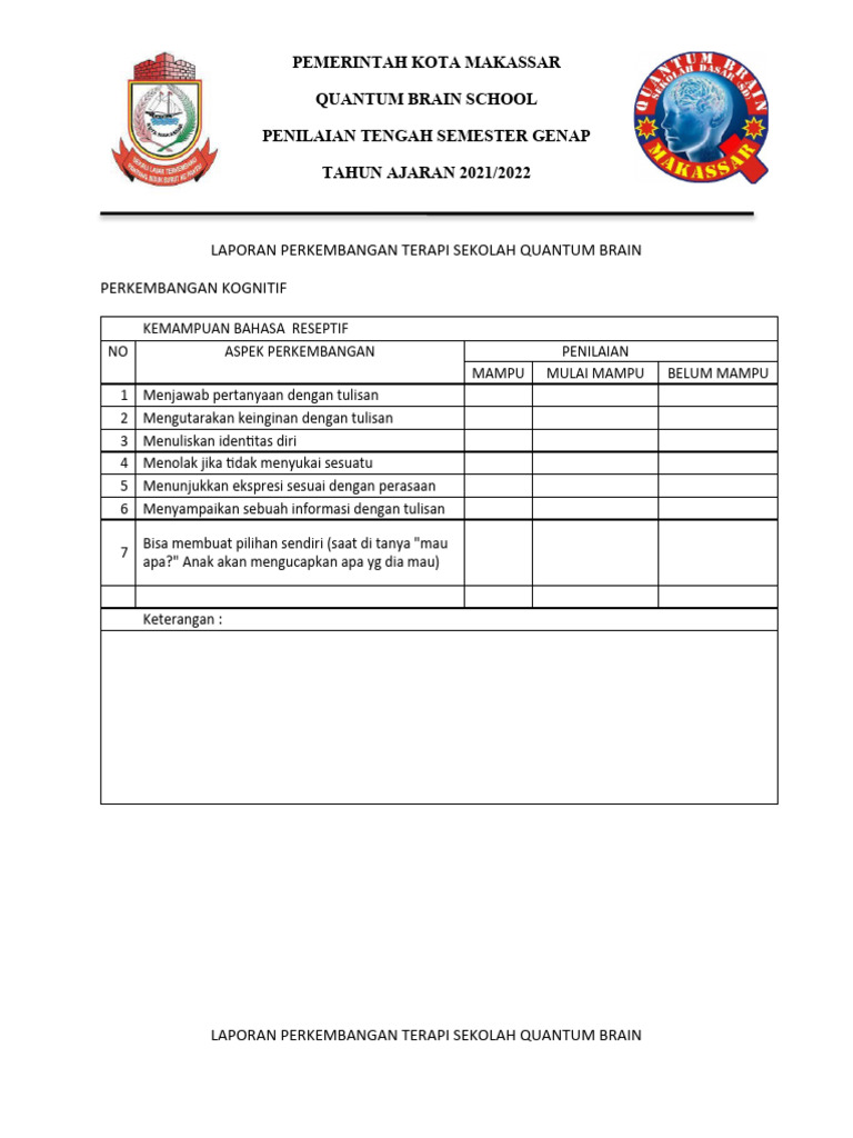 Baru-Laporan Perkembangan Terapi Sekolah Quantum Brain | PDF