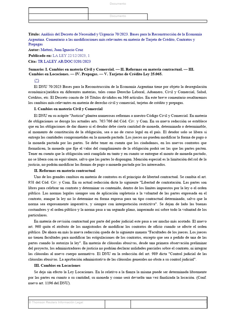 CONTRATOS Análisis Del Decreto de Necesidad y Urgencia 70 - 2023 | PDF | Tarjeta de crédito ...