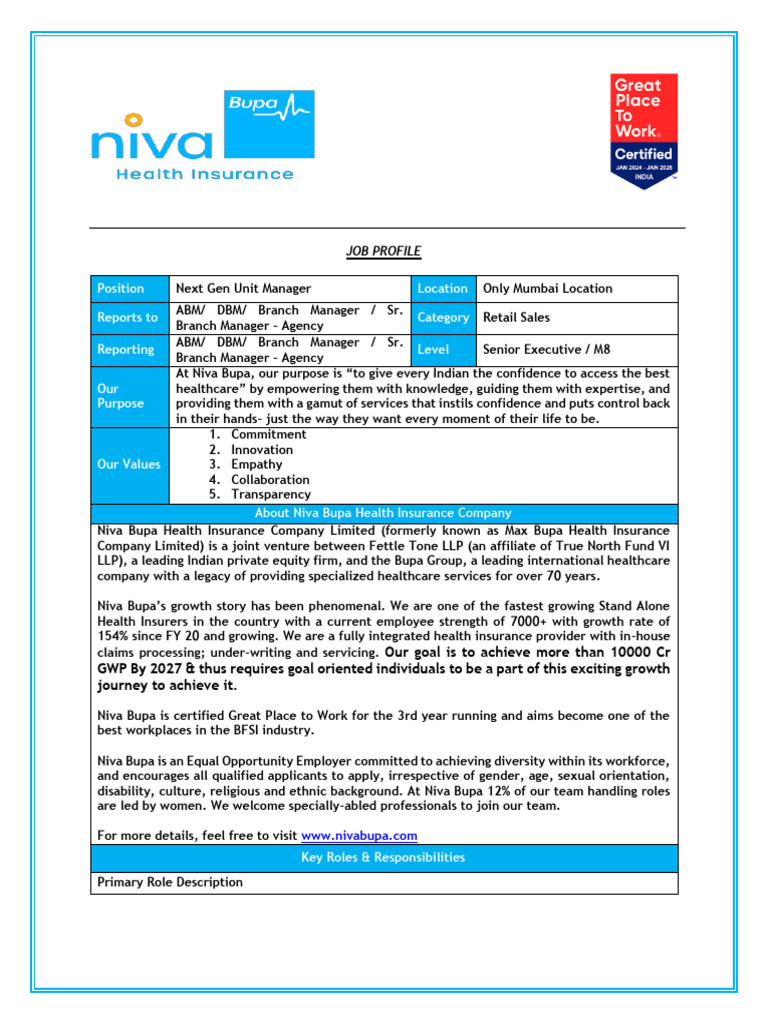 NBHI - JD - Next Gen Unit Manager - Only For Mumbai Location | PDF ...