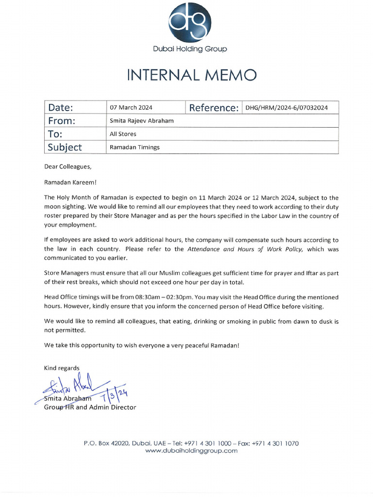 Memo DHG - Ramadan Timings Stores | PDF
