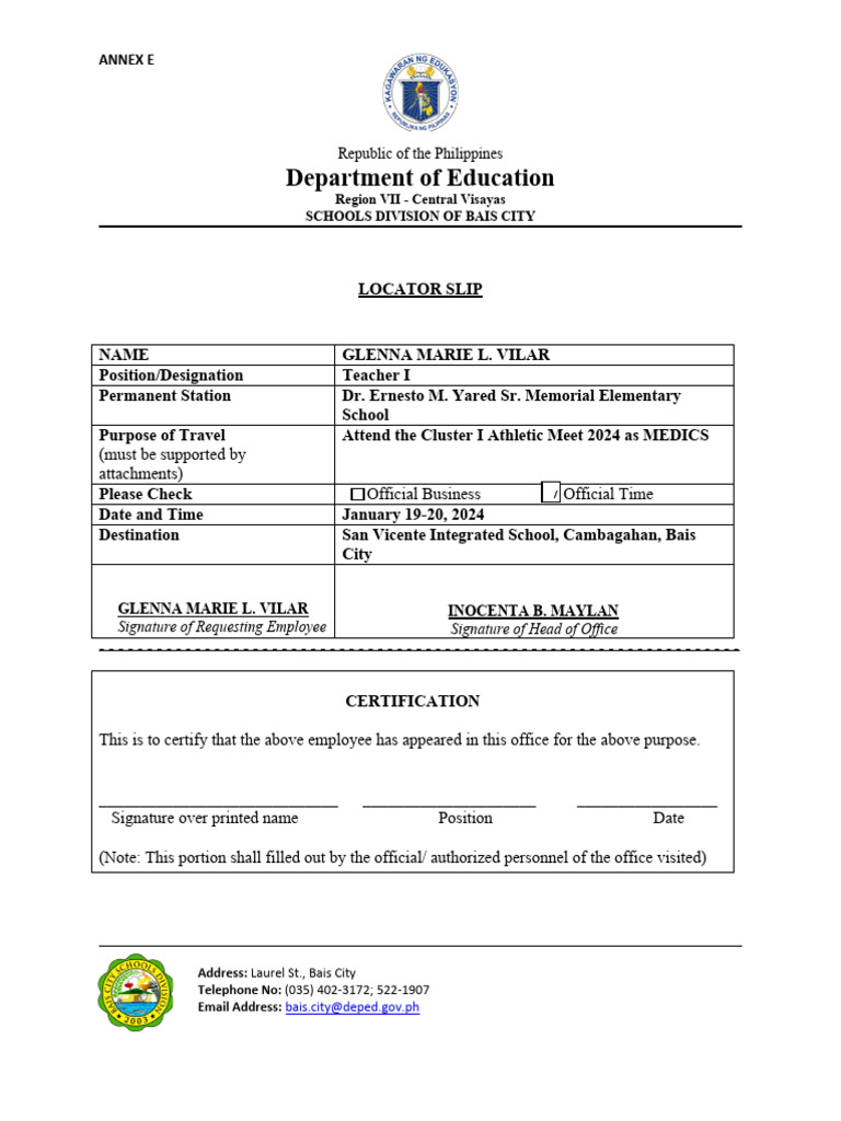 LOCATOR SLIP Teachers | PDF