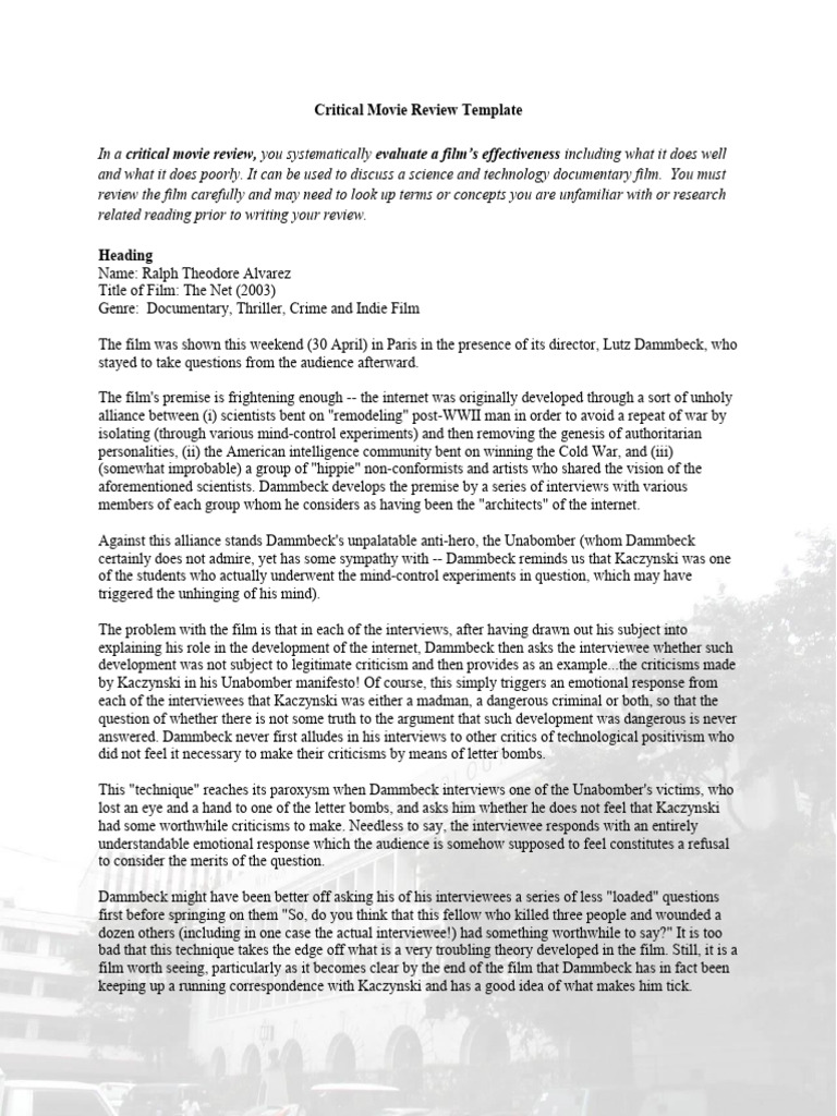 Critical Review Template for Documentaries | PDF | Cognition