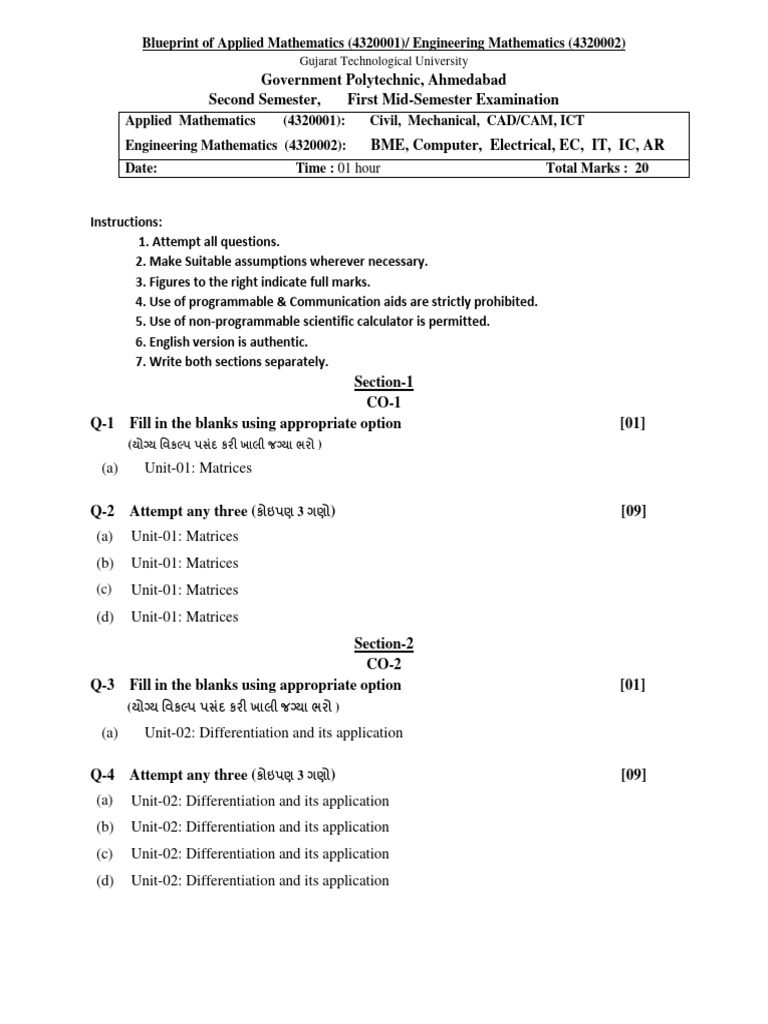 Blueprint First Mid Exam Applied & Engg Mathematics | PDF