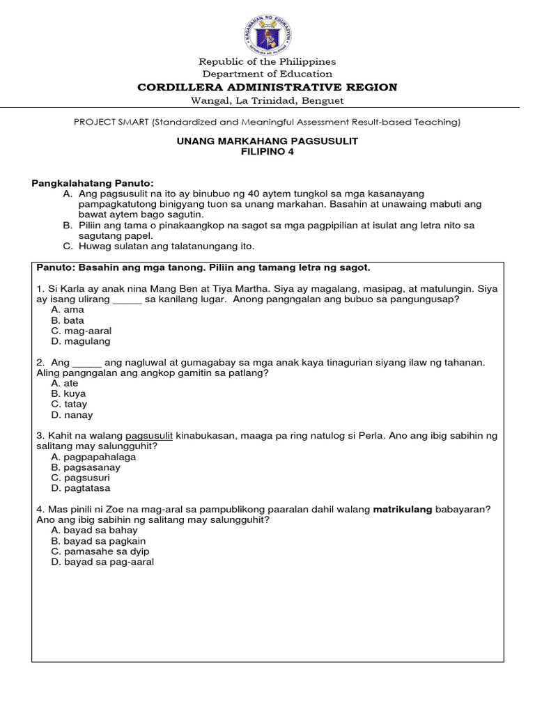 TQ q1 Filipino 4 - Thelma Dalay-On | PDF