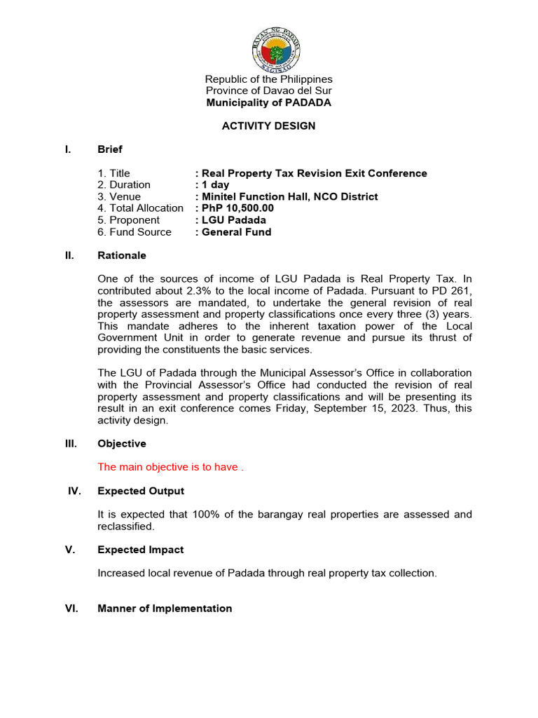 Activity Design Exit conference-RPT Revision | PDF | Taxes | Property Tax