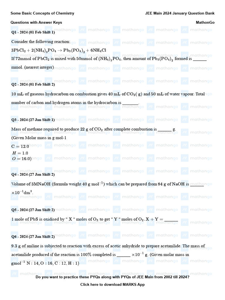 Some Basic Concepts of Chemistry - JEE Main 2024 January Question Bank ...