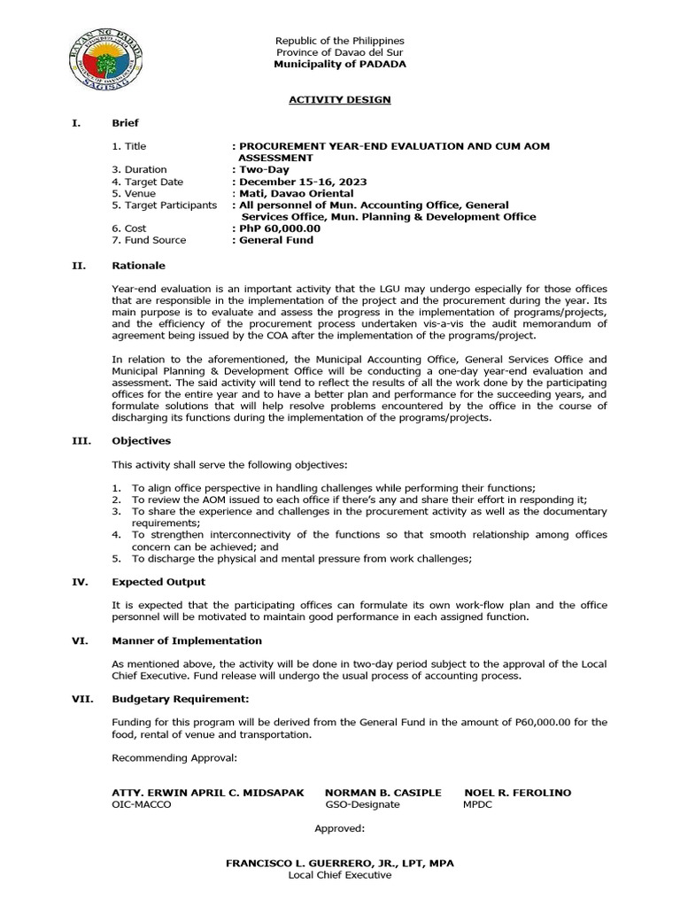 Activity Design-Mpdo-Macco, Gso Year End Evaluation | PDF | Evaluation | Procurement