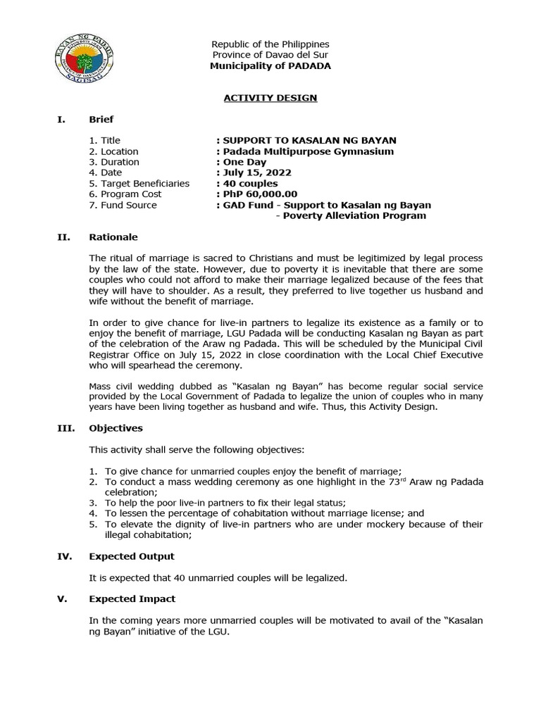 Activity Design-Kasalan NG Bayan 2022 Araw NG Padada | Download Free ...