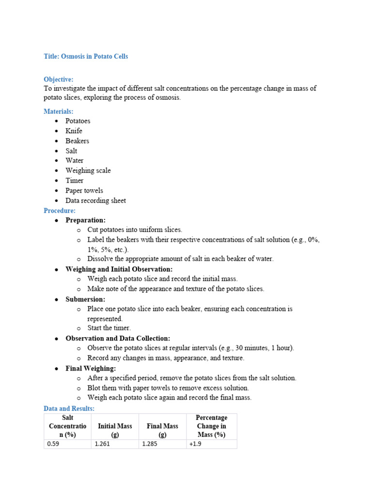 Osmosis in Potato Cells Effect of Salt Concentration | PDF