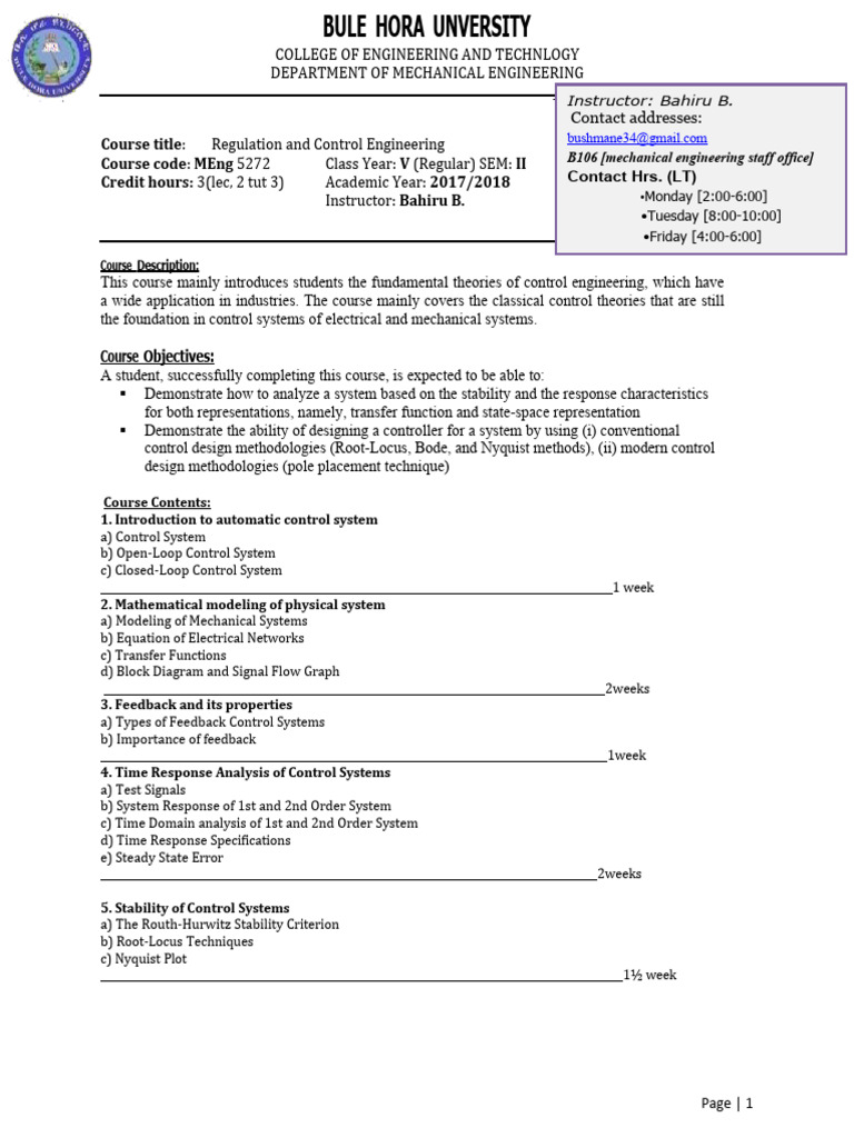 Course Outline | PDF | Control Theory | Engineering