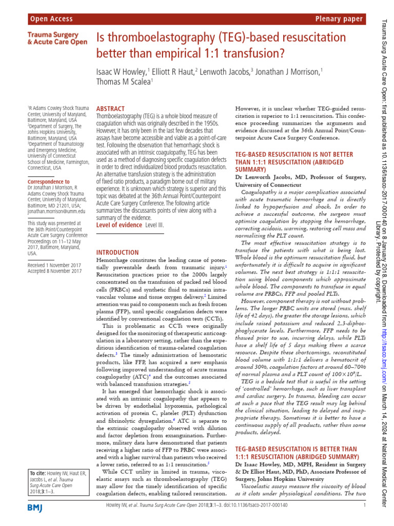 TEG Resuscitation Better Than Empirical Transfusion | PDF | Bleeding ...