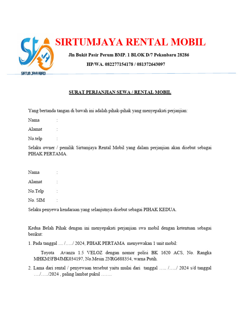 Contoh surat perjanjian RENTAL MOBIL | PDF