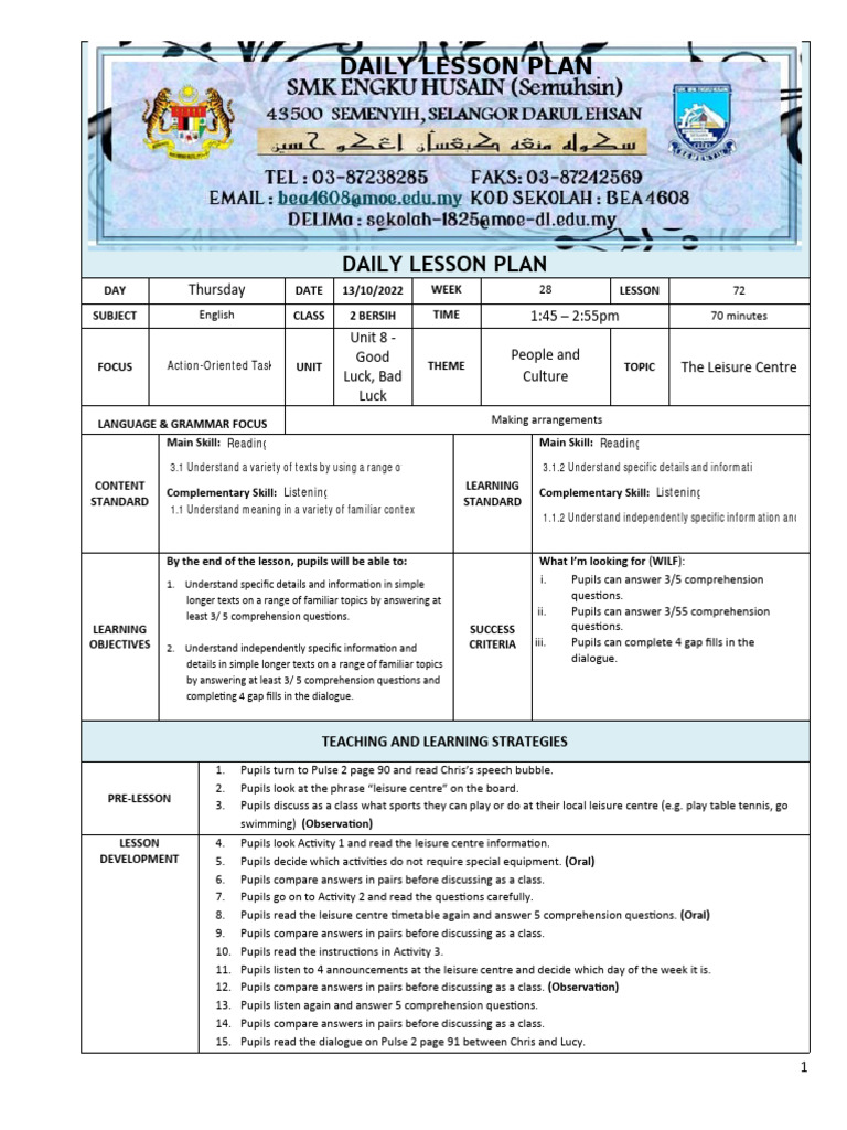 RPH THURSDAY 13 OCTOBER | PDF | Reading Comprehension | Lesson Plan