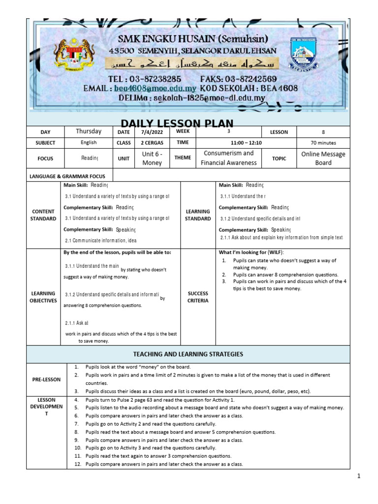 RPH THURSDAY 7 APRIL | PDF | Reading Comprehension | Lesson Plan