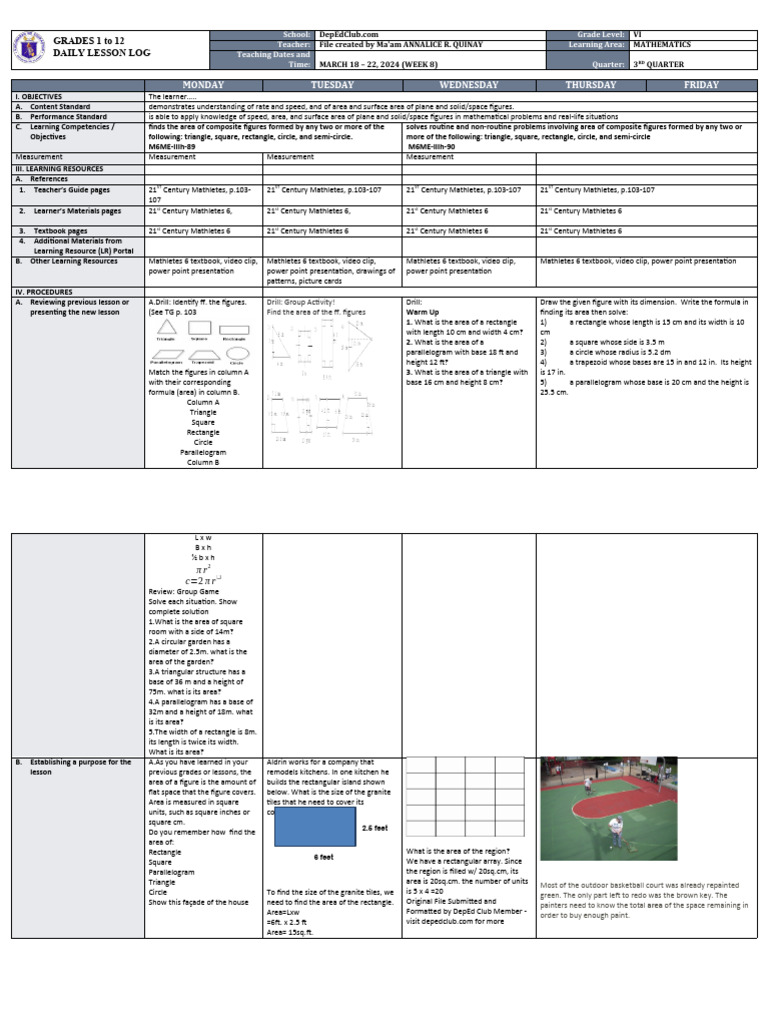 Grade 6 Math Lesson Plan: Area & Speed | PDF | Area | Triangle