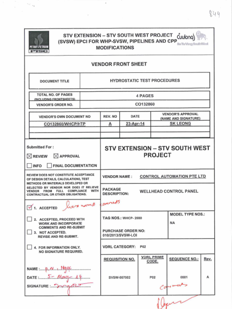 SVSW-007002-P02-0001 Rev A Hydrostatic Test Procedures - Code 1 | PDF