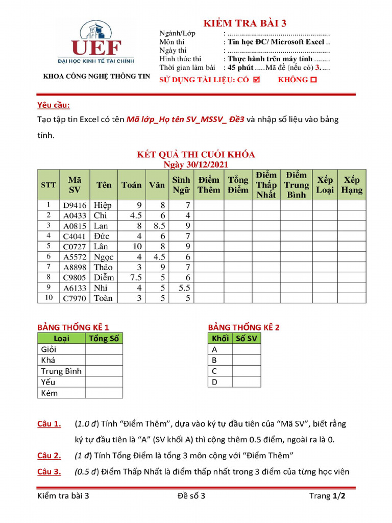 DeBai Excel De3 PDF | PDF