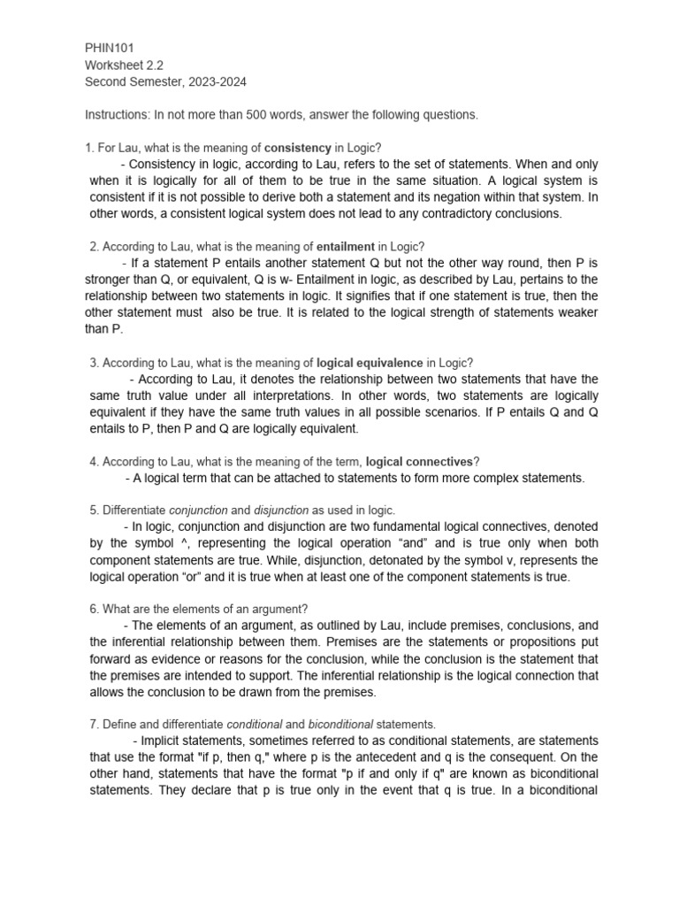 WORKSHEET2.2phin | PDF | Logical Consequence | Logic