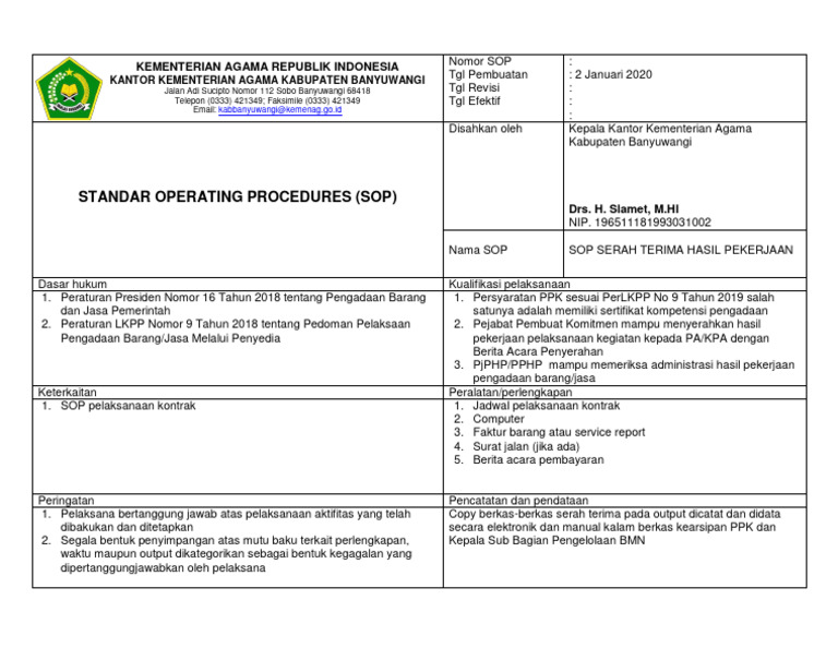 Cover SOP SERAH TERIMA PEKERJAAN | PDF