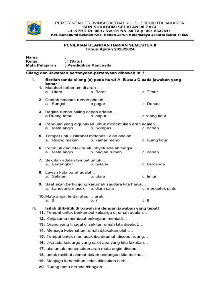 Ulangan Harian Semester 2 Kelas 1 Pendidikan Pancasila | PDF
