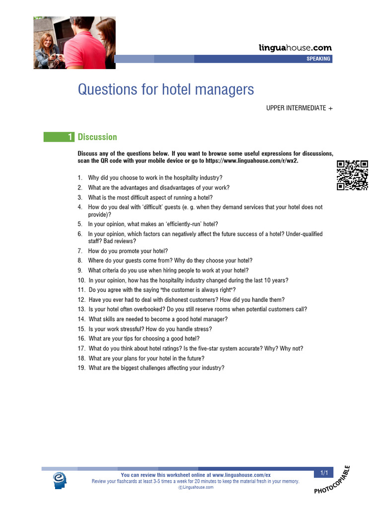 Questions For Hotel Managers English Teacher | PDF | Human Communication