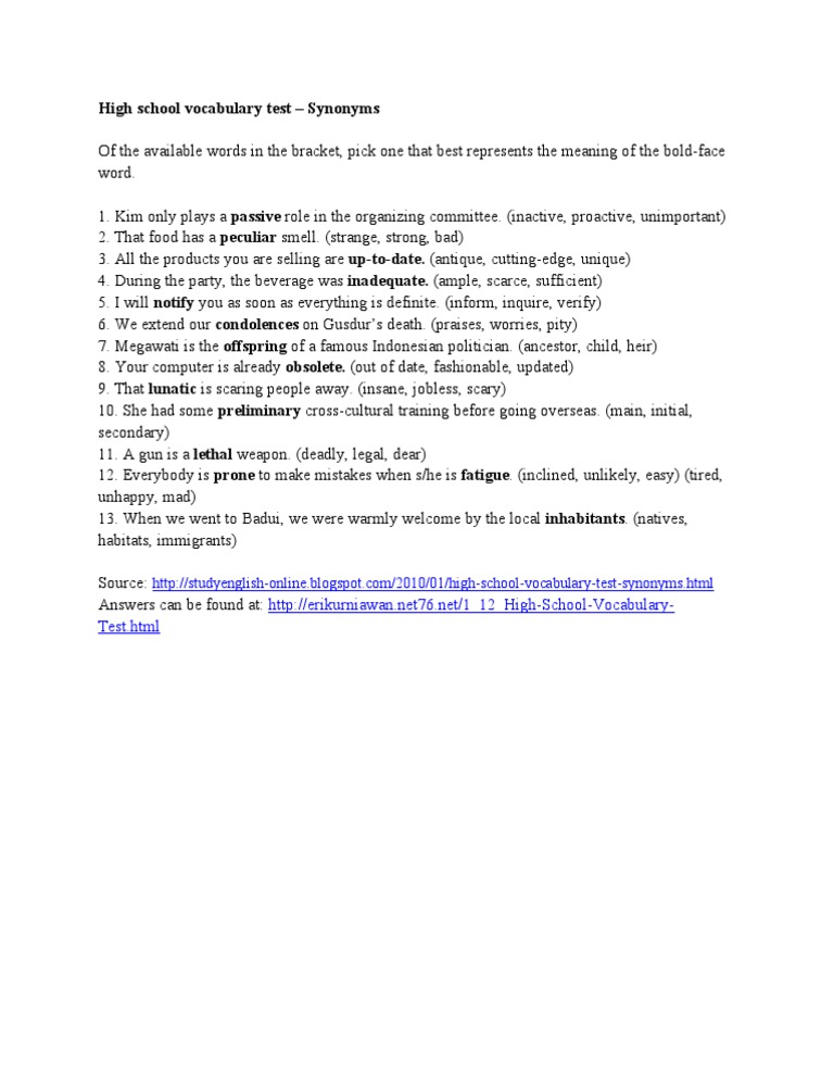 High School Vocabulary Test | PDF | Language Arts & Discipline