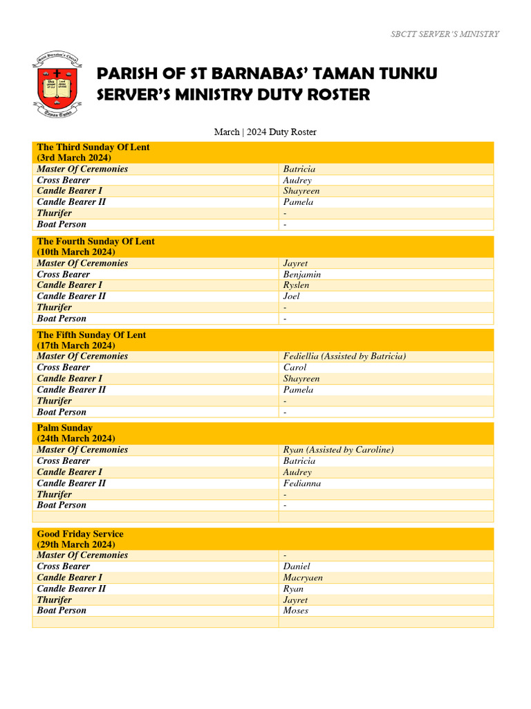Servers Ministry Duty Roster (March 2024) | PDF | Catholic Church | Lent