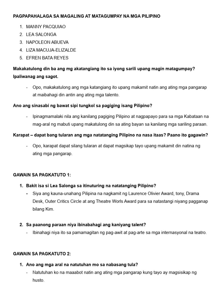 Pagpapahalaga Sa Magaling at Matagumpay Na Mga Pilipino | PDF
